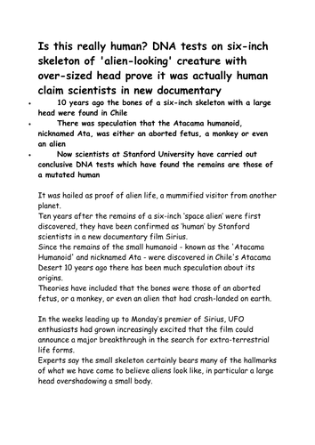 Writing to inform 'Aliens' themed skills building lesson for KS3 or KS4 ...