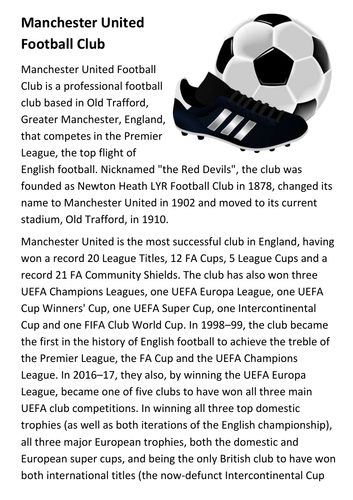 Manchester United Football Club Handout | Teaching Resources
