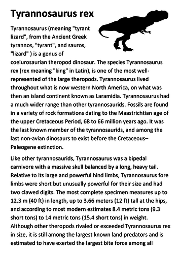 Tyrannosaurus rex Handout | Teaching Resources