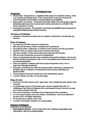 Revision Notes on UK Parliament (A Level Government & Politics ...