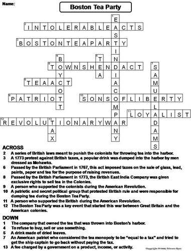 Boston Tea Party Crossword Puzzle | Teaching Resources