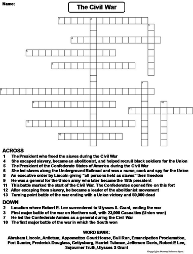 Civil War Worksheet Crossword Puzzle | Teaching Resources