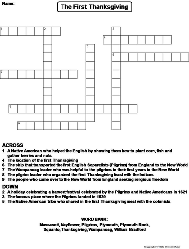 The First Thanksgiving Crossword Puzzle | Teaching Resources