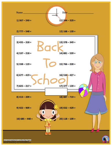 Three Digit Subtraction - Back To School Themed Worksheets - Horizontal ...