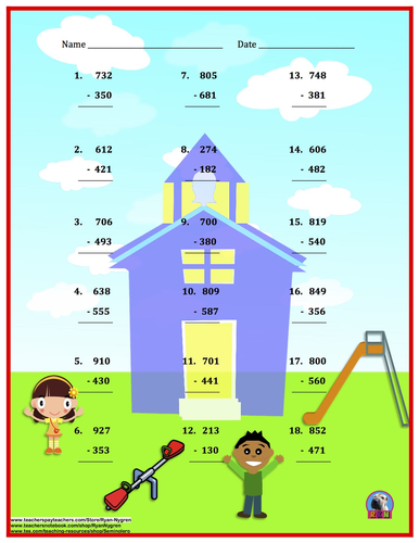 Three Digit Subtraction Worksheets - Back To School Themed - Vertical ...