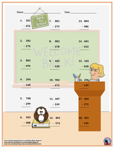 Three Digit Subtraction Worksheets - Back To School Themed - Vertical ...