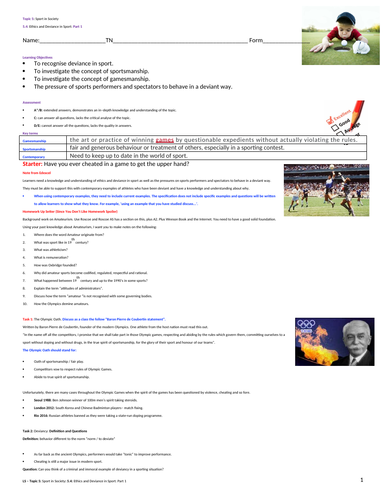 A-Level PE EDEXCEL (spec 2016) 5.4 Ethics and Deviance in Sport: Part 1 ...
