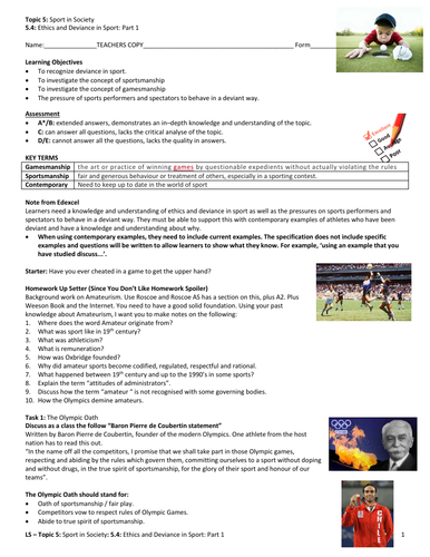 A-Level PE EDEXCEL (spec 2016) 5.4 Ethics and Deviance in Sport: Part 1 ...