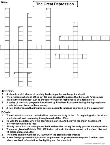 The Great Depression Crossword Puzzle | Teaching Resources