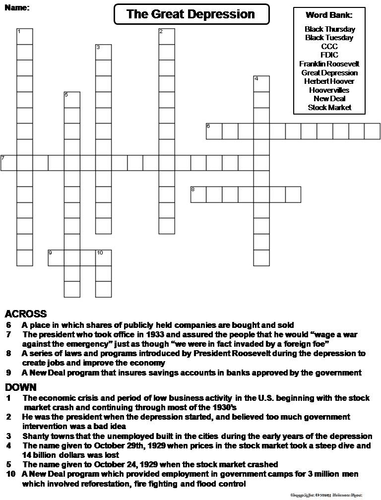 The Great Depression Crossword Puzzle | Teaching Resources