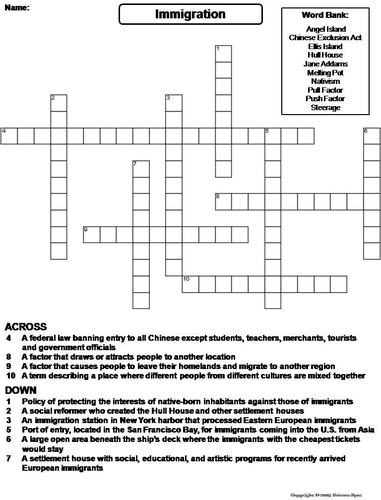 Immigration Crossword Puzzle | Teaching Resources