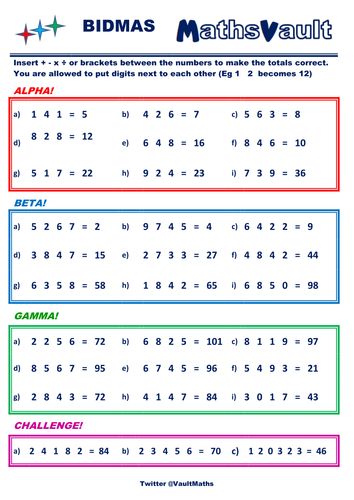 BIDMAS Insert the signs Differentiated worksheet | Teaching Resources