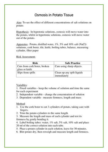 Experiment: Osmosis in Potato - student sheet | Teaching Resources