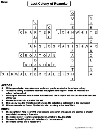 Lost Colony of Roanoke Crossword Puzzle | Teaching Resources