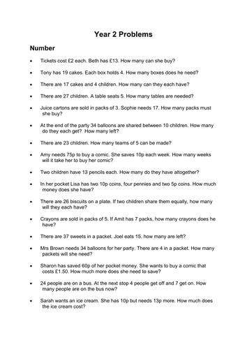 Problem Solving Questions - Worksheet - Year 2 | Teaching Resources