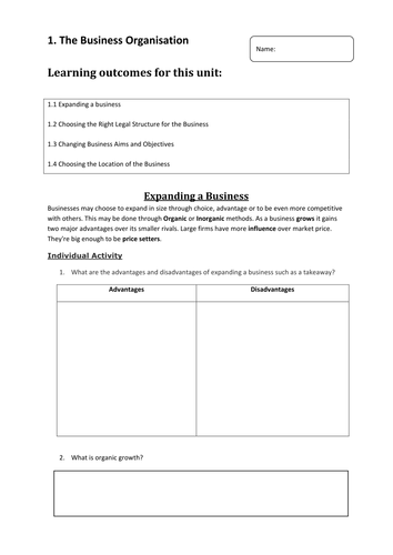 GCSE BUSINESS The Business Organisation HOME LEARNING WORKBOOK ...
