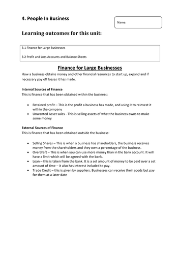 GCSE BUSINESS Finance HOME LEARNING WORKBOOK | Teaching Resources