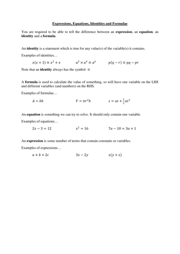 A range of resources for identifying equations, expressions, identities ...
