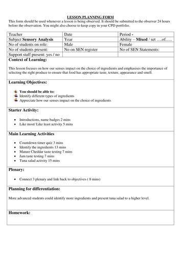 GCSE Food and Nutrition lesson plan for sensory analysis | Teaching ...