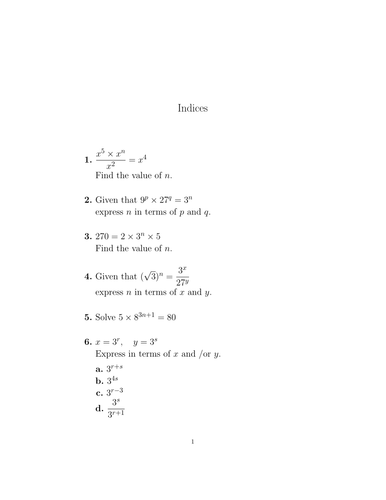 Indices-harder questions (worksheet with detailed solutions) | Teaching ...