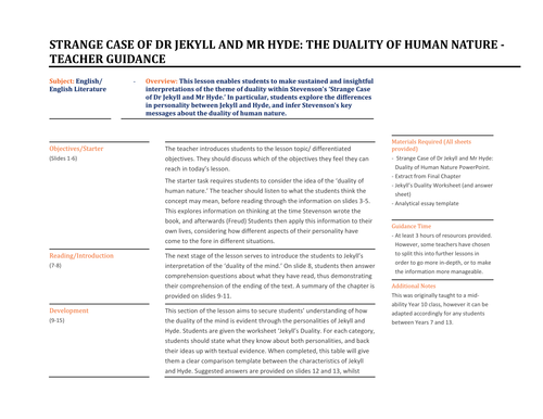 Dr Jekyll and Mr Hyde: Duality of Human Nature! | Teaching Resources