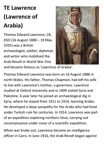 TE Lawrence (Lawrence of Arabia) Handout | Teaching Resources