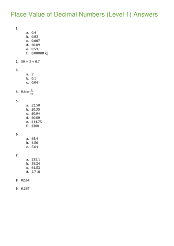 Place Value of Decimal Numbers (Level 1) | Teaching Resources