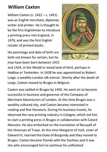 William Caxton Handout | Teaching Resources