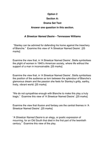 12 possible exam questions on 'A Streetcar Named Desire': AQA Paper 2B ... 12 possible exam questions on 'A Streetcar Named Desire': AQA Paper 2B ...