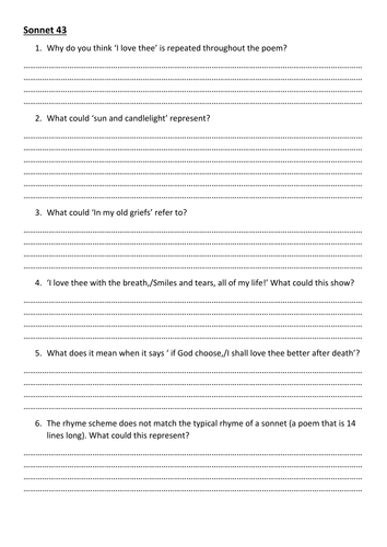 'Sonnet 43' by Elizabeth Barrett Browning - guided questions worksheet ...