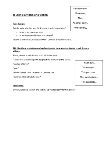 Of Mice and Men - Lennie (Villain or a Victim?) | Teaching Resources
