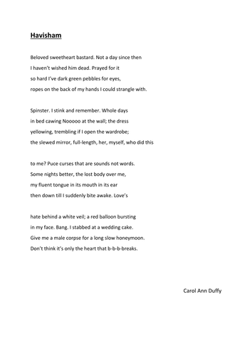 'Havisham' by Duffy - Analysis questions and extension worksheet ...