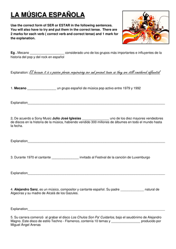 La musica española - grammar worksheet on ser/estar | Teaching Resources