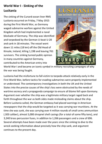 World War I - Sinking of the Lusitania Handout | Teaching Resources