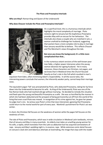Chaucer Merchant's Tale - Pluto & Proserpina Interlude | Teaching Resources