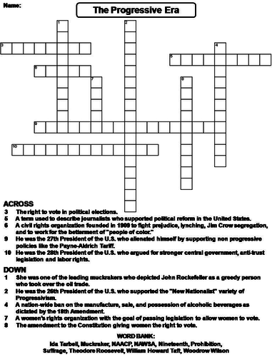 The Progressive Era Crossword Puzzle | Teaching Resources