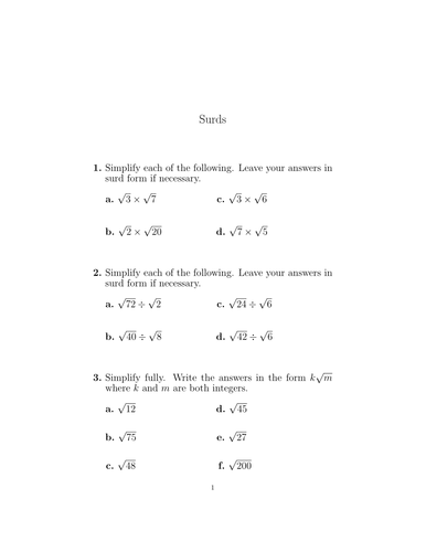 Surds Worksheet no 2 (with solutions) | Teaching Resources