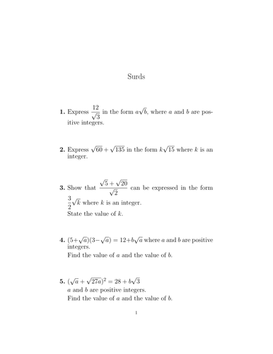 Surds (2 worksheets with detailed solutions) | Teaching Resources