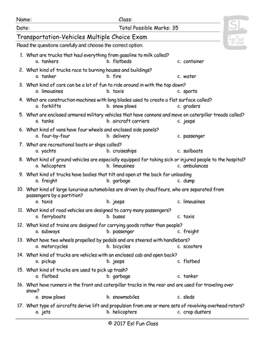 Transportation-Vehicles Multiple Choice Exam | Teaching Resources