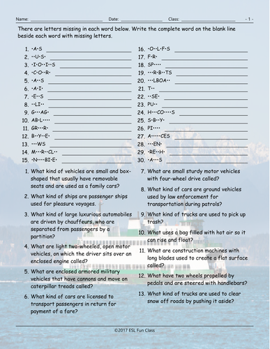 Transportation-Vehicles Missing Letters Worksheet | Teaching Resources