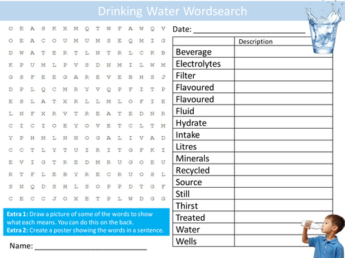 Drinking Water Wordsearch Health Fitness Nutrition Starter Activity ...
