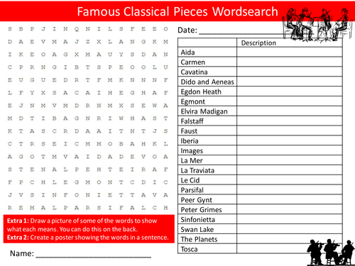 Famous Classical Music Pieces Wordsearch Starter Activity Homework ...