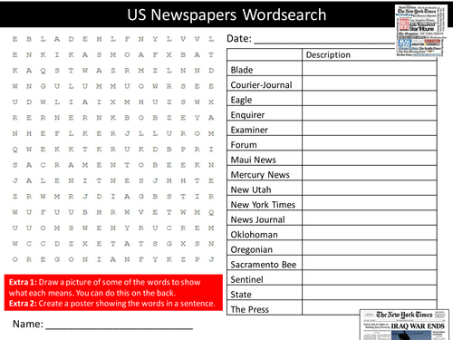US Newspapers Wordsearch United States Literacy Starter Activity ...
