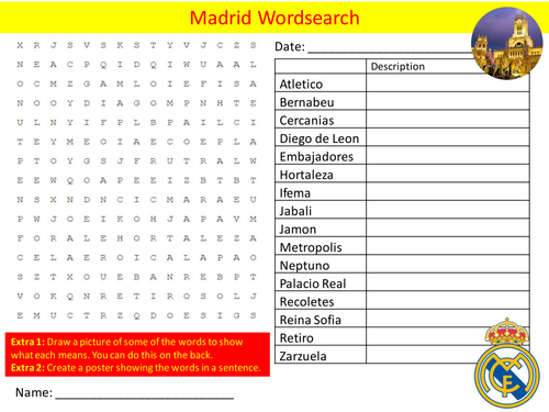 Madrid Wordsearch Spain Spanish Geography Starter Activity Homework ...