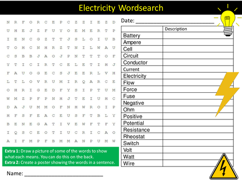 Electricity Wordsearch Physics Electric Literacy Starter Activity ...