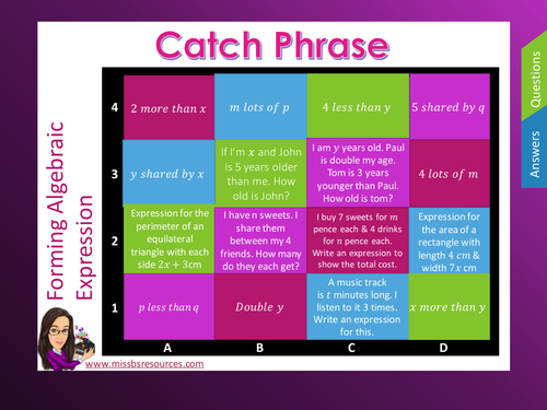 Catchphrase - Forming Algebraic Expressions Quiz with Answers ... Catchphrase - Forming Algebraic Expressions Quiz with Answers ...