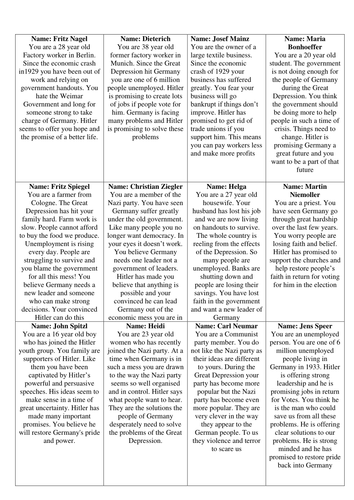 Why did people vote for Hitler role play cards | Teaching Resources