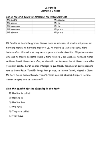 La Familia - Llamarse y tener | Teaching Resources