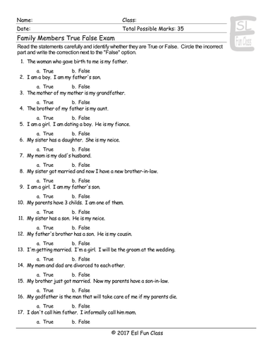 Family Members True False Exam | Teaching Resources Family Members True False Exam | Teaching Resources