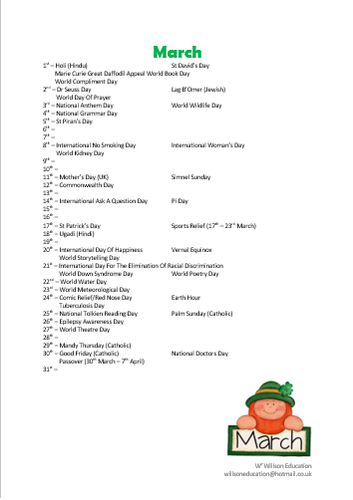 National Days Of Celebration 2017-2018 | Teaching Resources